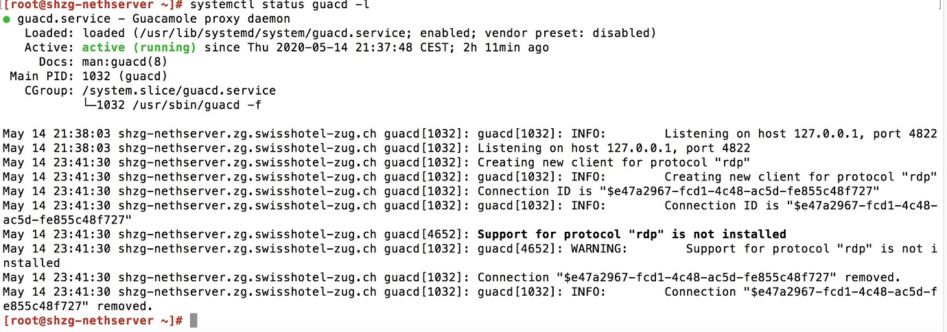 Guacamole shows error: Support for protocol RDP is not installed ...
