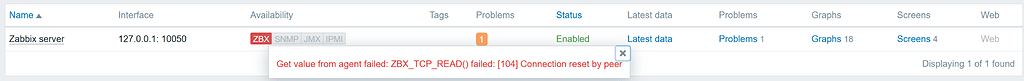 Zabbix - Get value from agent failed: ZBX_TCP_READ() failed: [104] Connection reset by peer ...