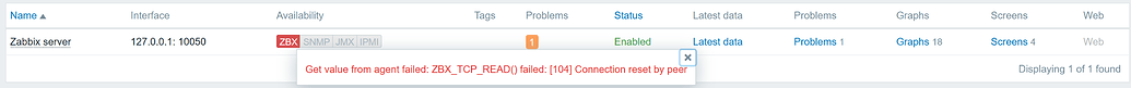 Zabbix - Get value from agent failed: ZBX_TCP_READ() failed: [104] Connection reset by peer ...