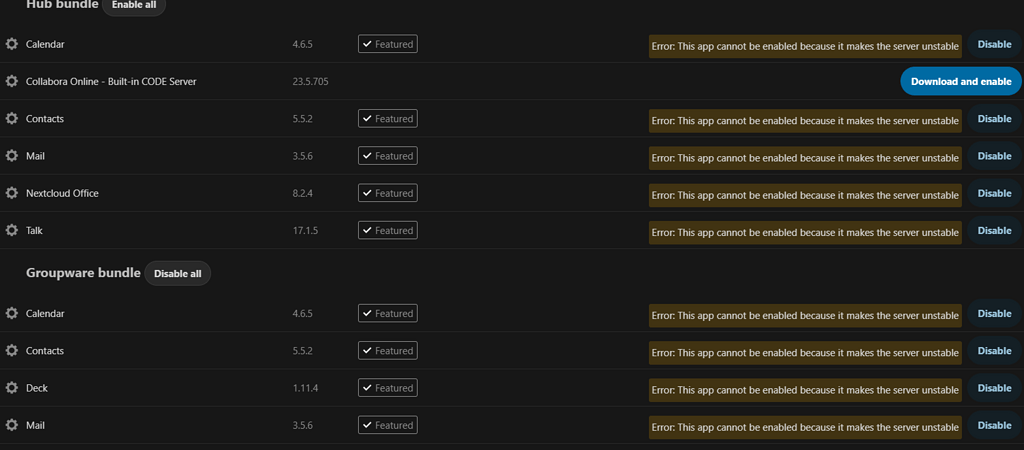 Nextcloud ns8 Error: This app cannot be enabled because it makes the server unstable - Support ...